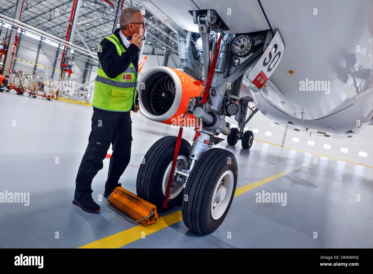 Olaf Gross, Licence Engineer at easyJet, checks the landing gear of an ...