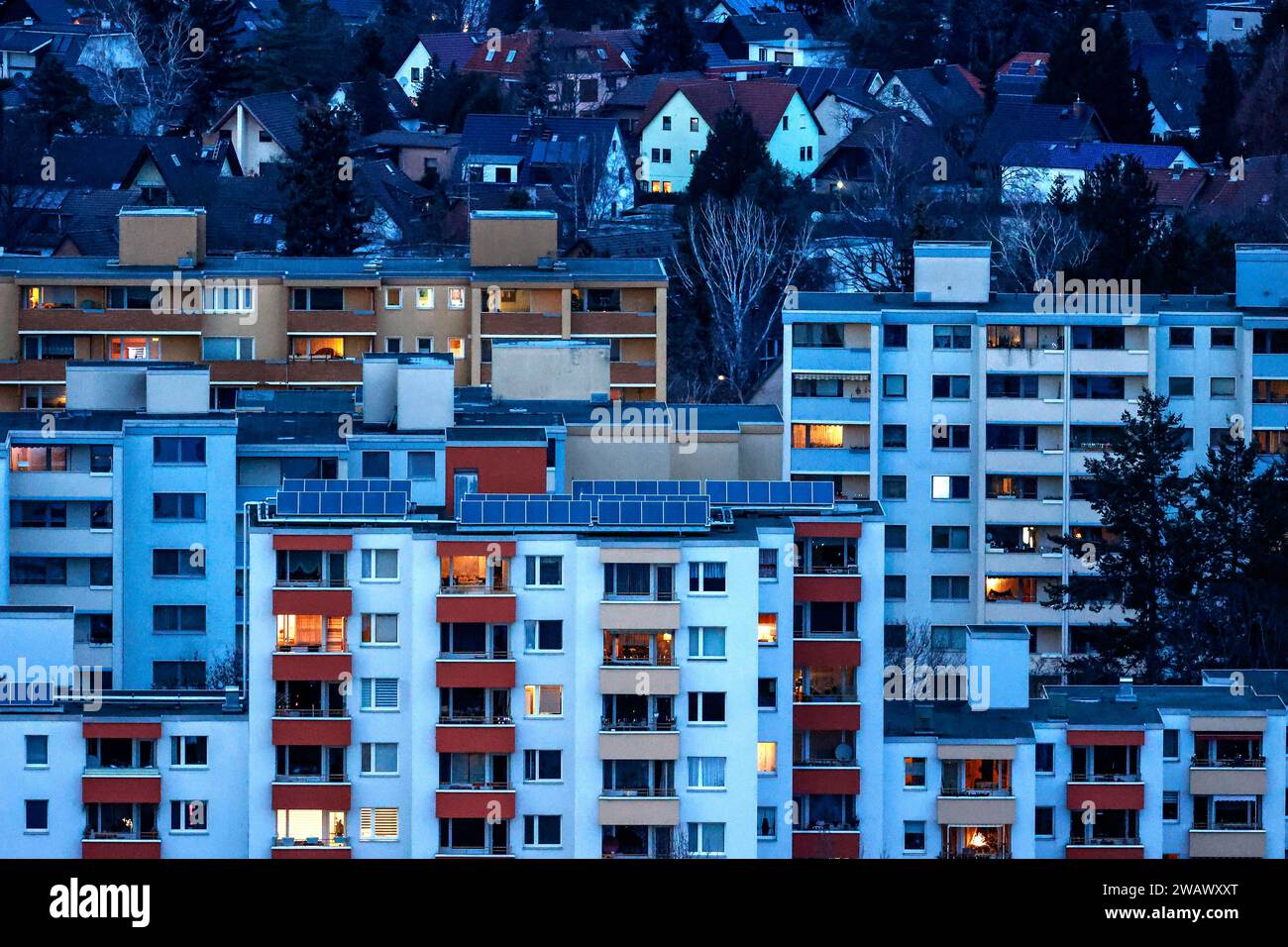 View of tower blocks and apartment blocks in the Neukoelln district of ...