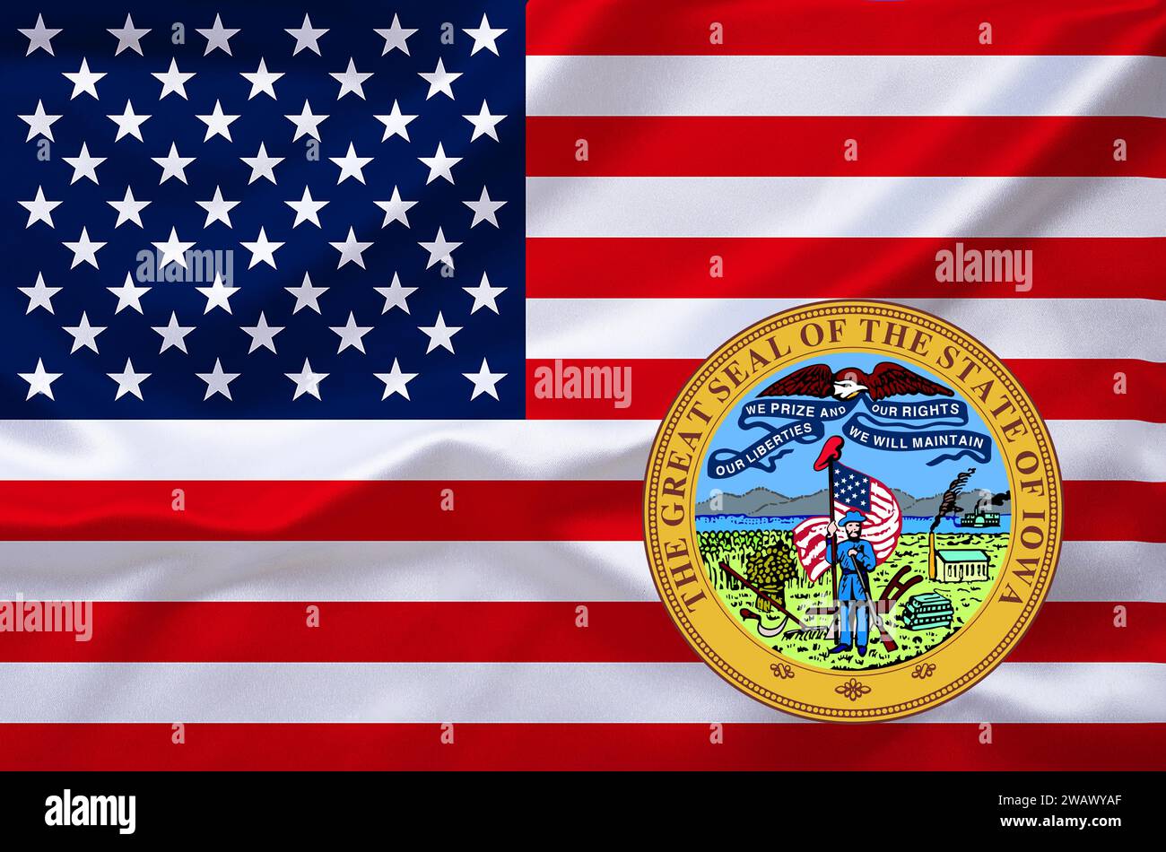 The flag of the USA with the coat of arms of Iowa, Studio Stock Photo ...