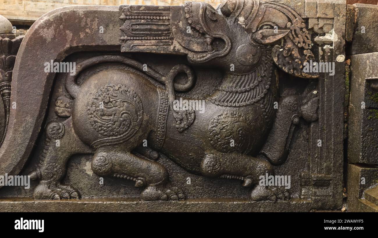 Carving Sculpture of Yali on the Staircase of Aghoreshwara Swamy Temple ...
