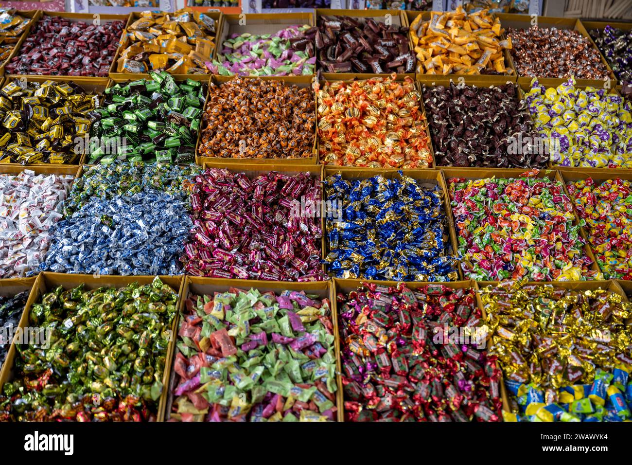 Sweets, market stall at the Osh Bazaar, Bishkek, Kyrgyzstan Stock Photo ...
