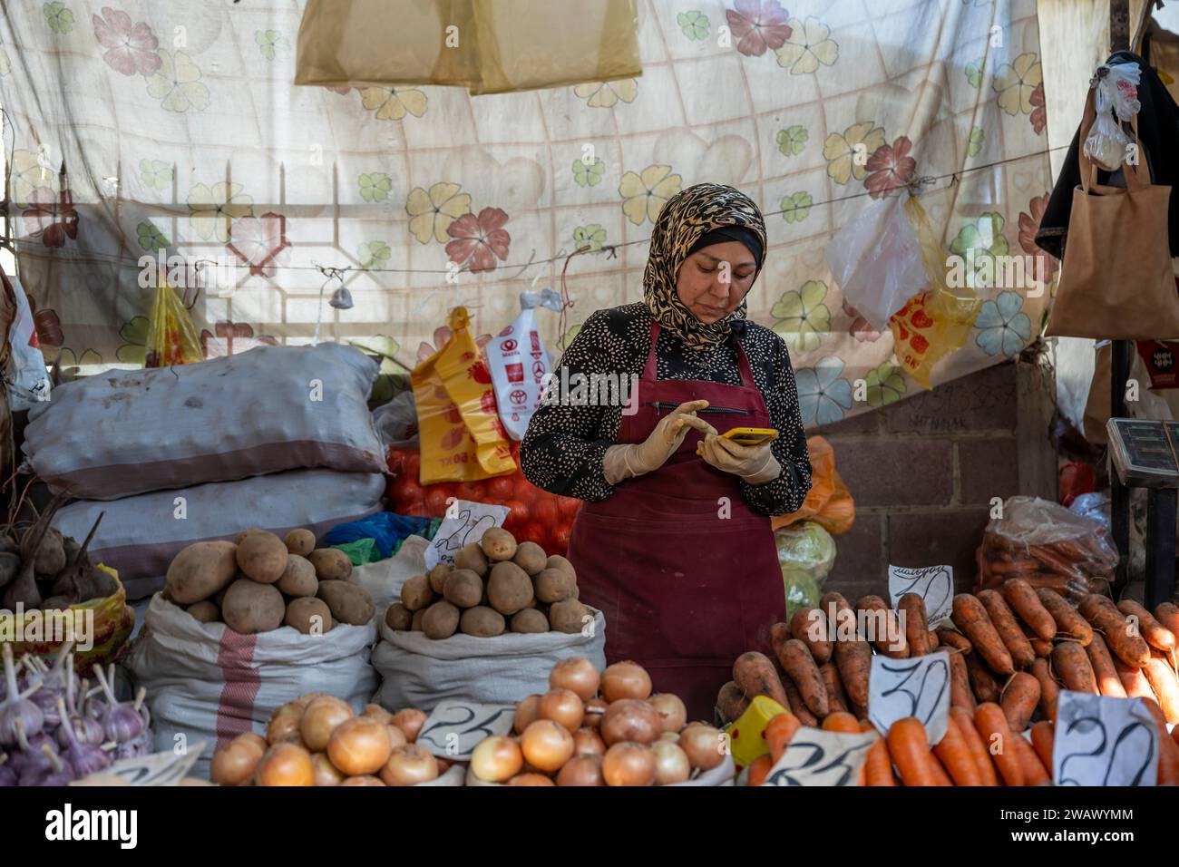 Vendors selling vegetables, vegetable stall, Osh Bazaar, Bishkek ...