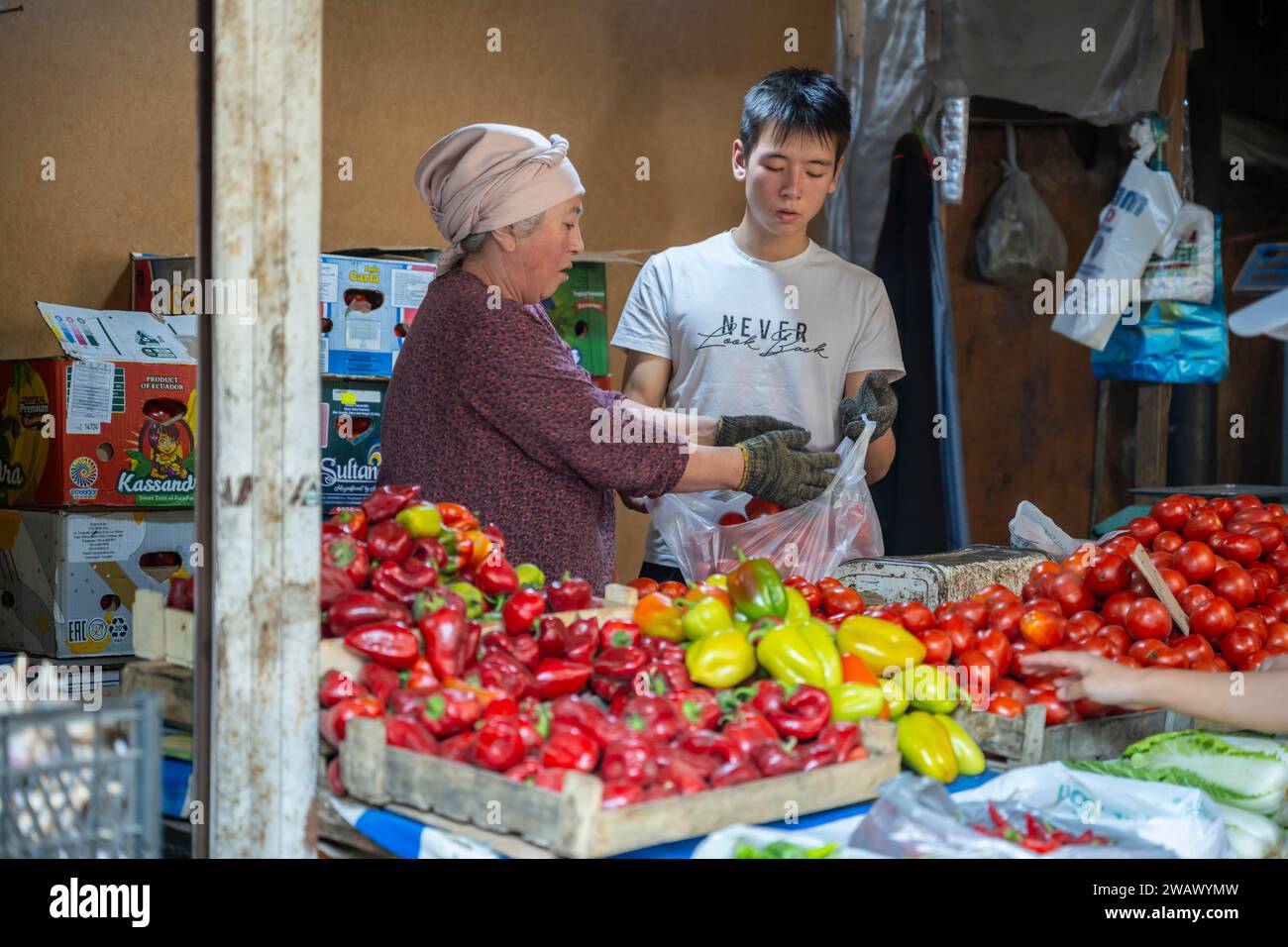Stall selling vegetables at the Osh Bazaar, Bishkek, Kyrgyzstan Stock ...