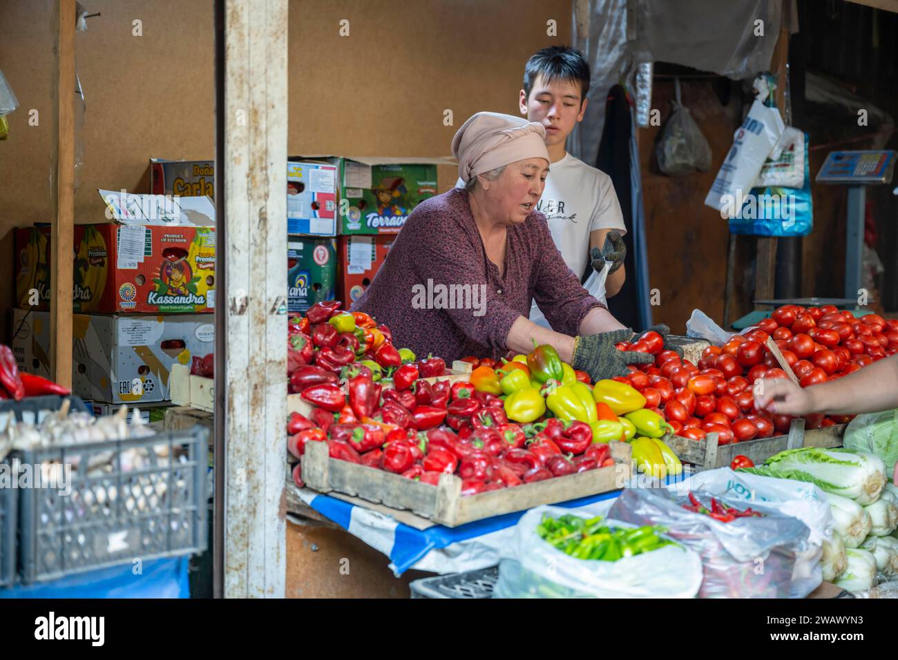 Stall selling vegetables at the Osh Bazaar, Bishkek, Kyrgyzstan Stock ...