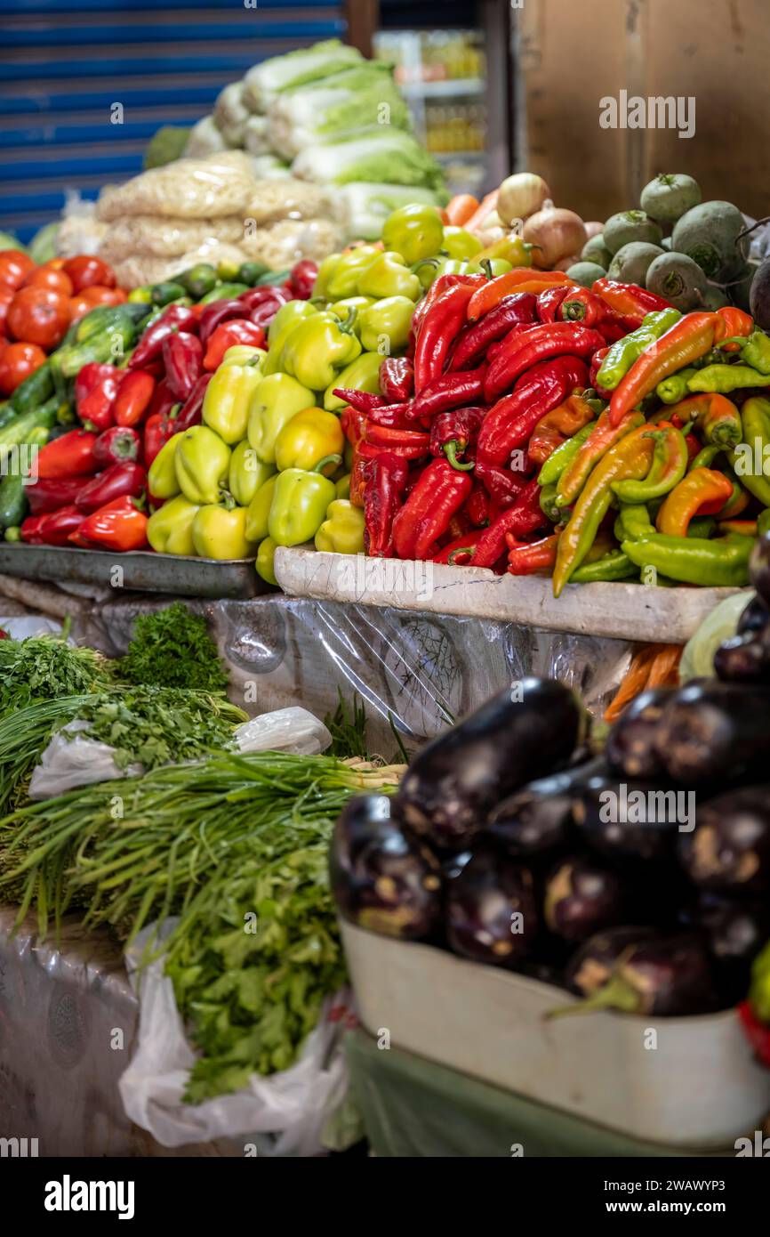 Stall selling vegetables at the Osh Bazaar, Bishkek, Kyrgyzstan Stock ...