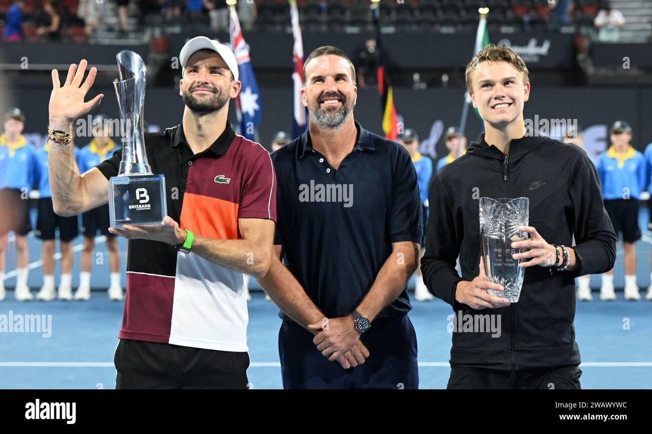 Brisbane, Australia. 07th Jan, 2024. Grigor Dimitrov (left) of Belarus, Pat Rafter (centre) and ...