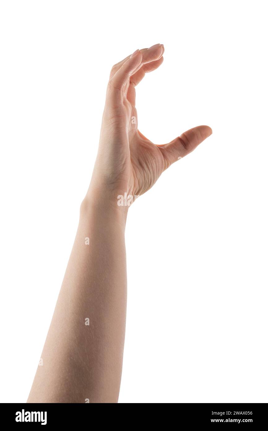 Young woman hand holding something with fingers isolated on white background, high detailed ...