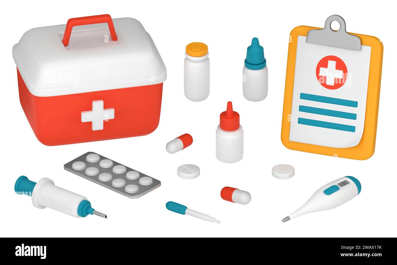 A first aid kit with medical supplies. Set of medical items, thermometer, syringe, pipette ...