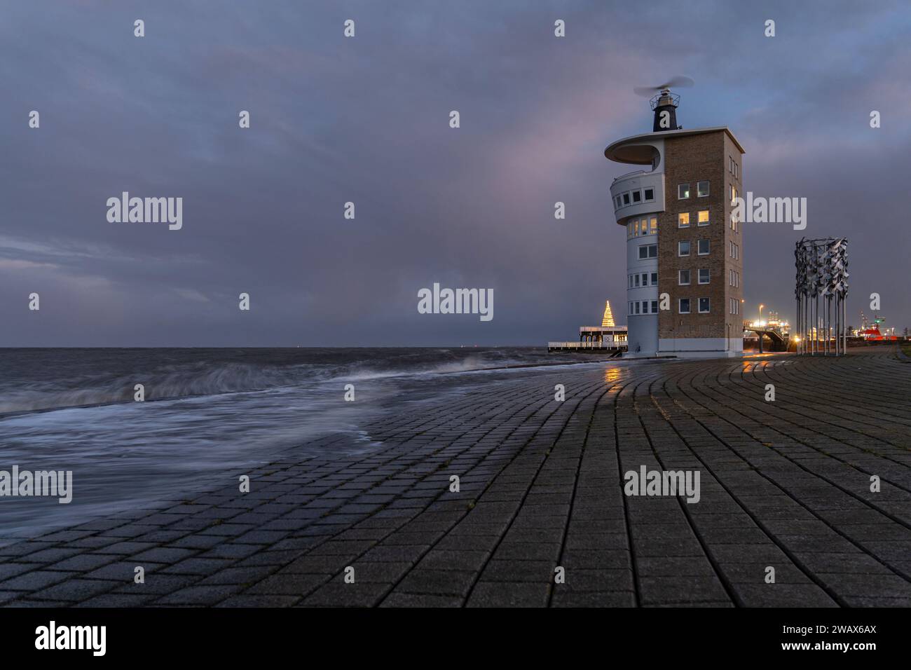 radar tower in Cuxhaven, Germany at the river Elbe at night Stock Photo ...