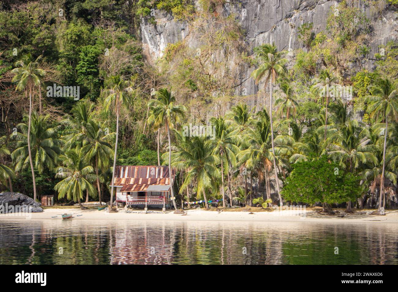 Tropical hut on seacoast. Bamboo cabin on sand beach under palm trees ...