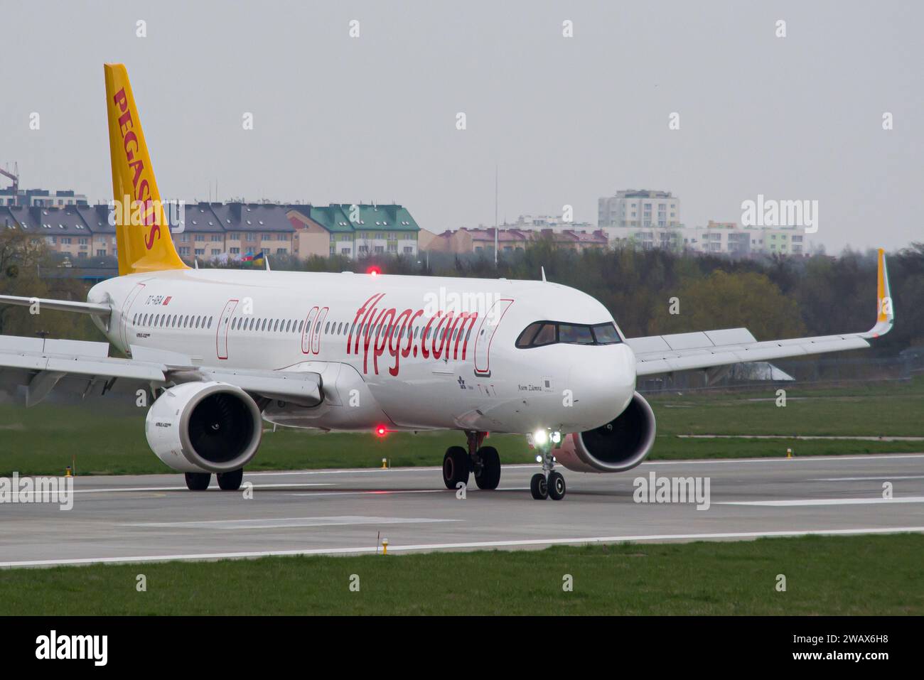 Pegasus Airlines Airbus A321 NEO turning around on the runway after landing at Lviv after a ...