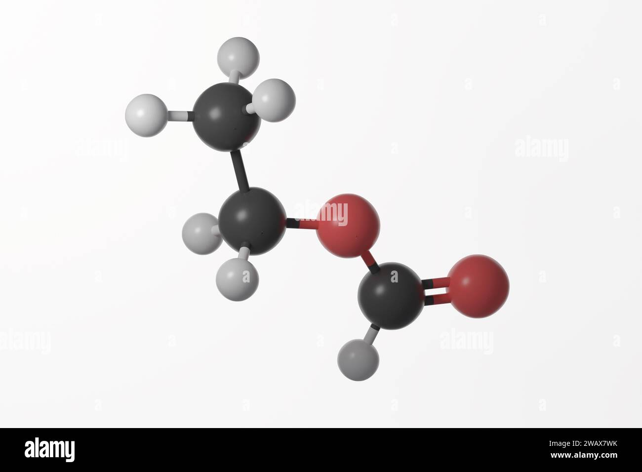 Ball and stick model of ethyl formate molecule with double bonds shown ...