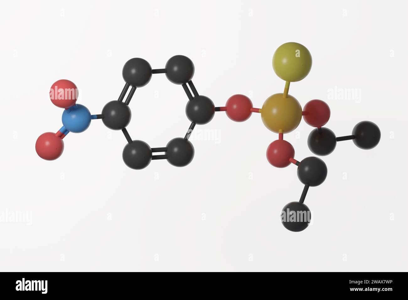 Ball and stick model of parathion molecule with double bonds shown ...