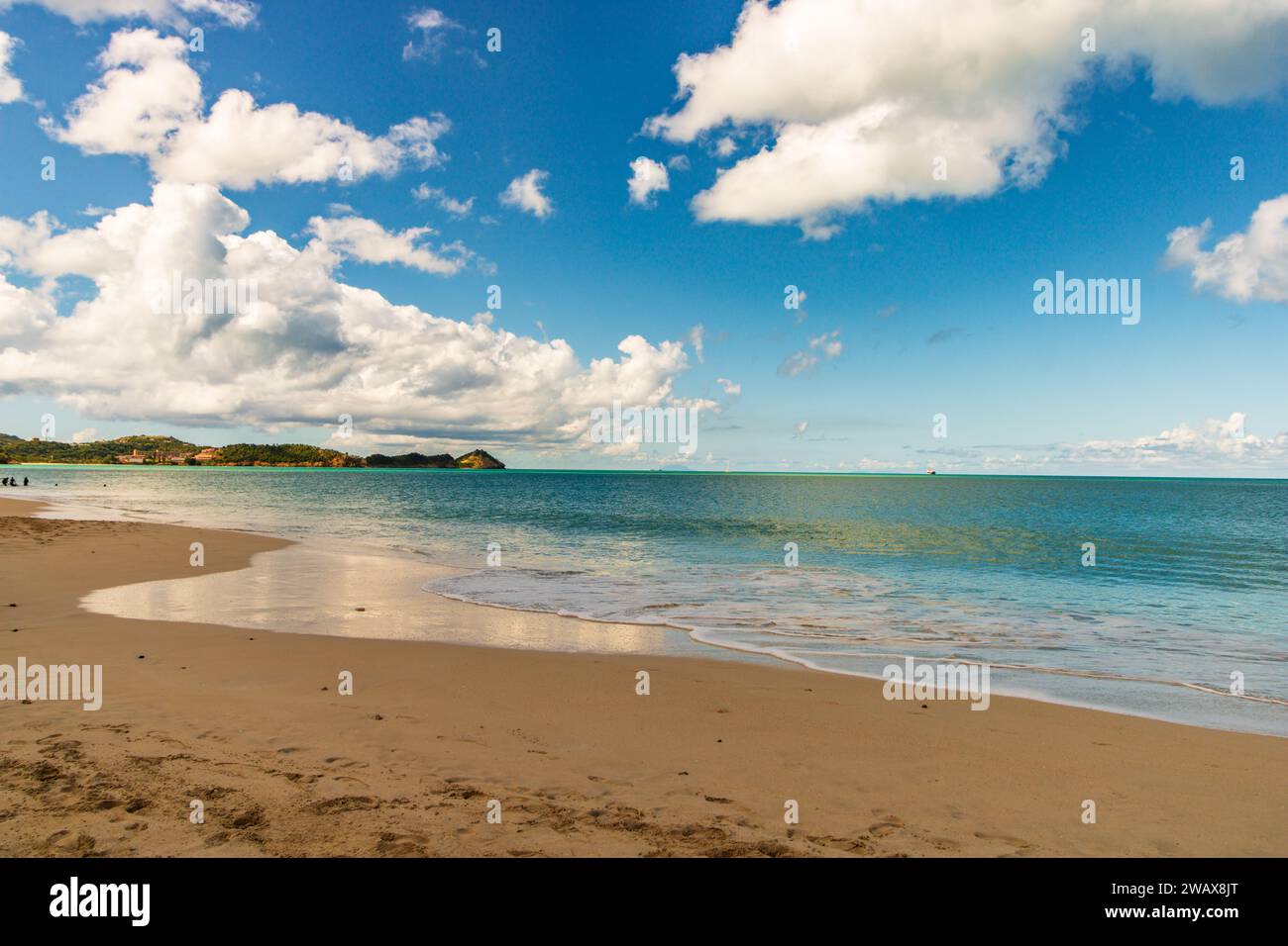 Caribbean beach with white sand, deep blue sky and turquoise water ...