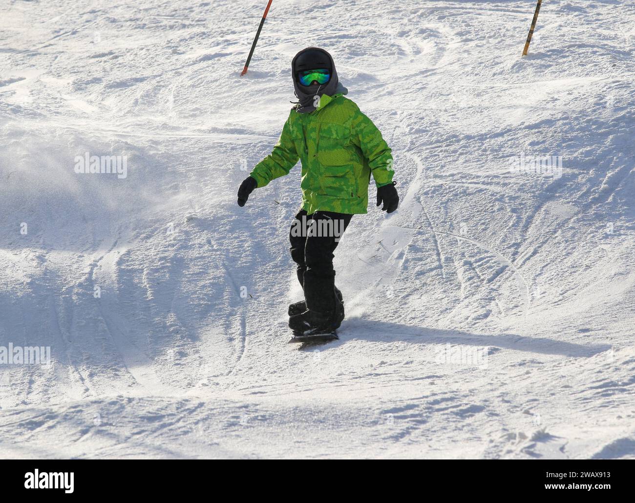 A person skiing down a slope on a snowboard in a green jacket between ...