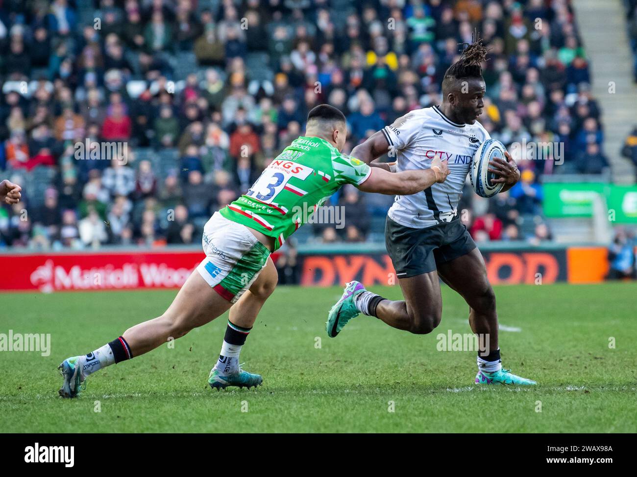 Saracens Rotimi Segun in action during the Leicester Tigers vs Saracens ...