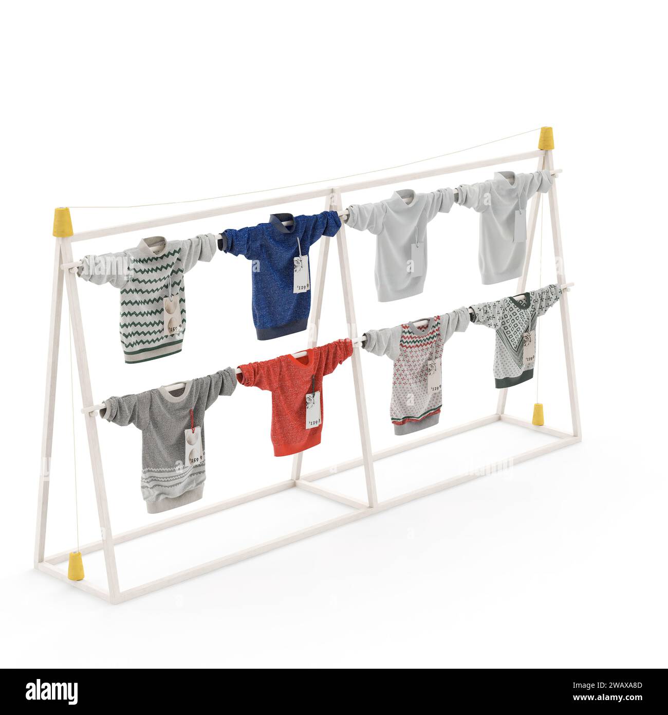 A 3D rendering of a clothing rack filled with garments on a white ...