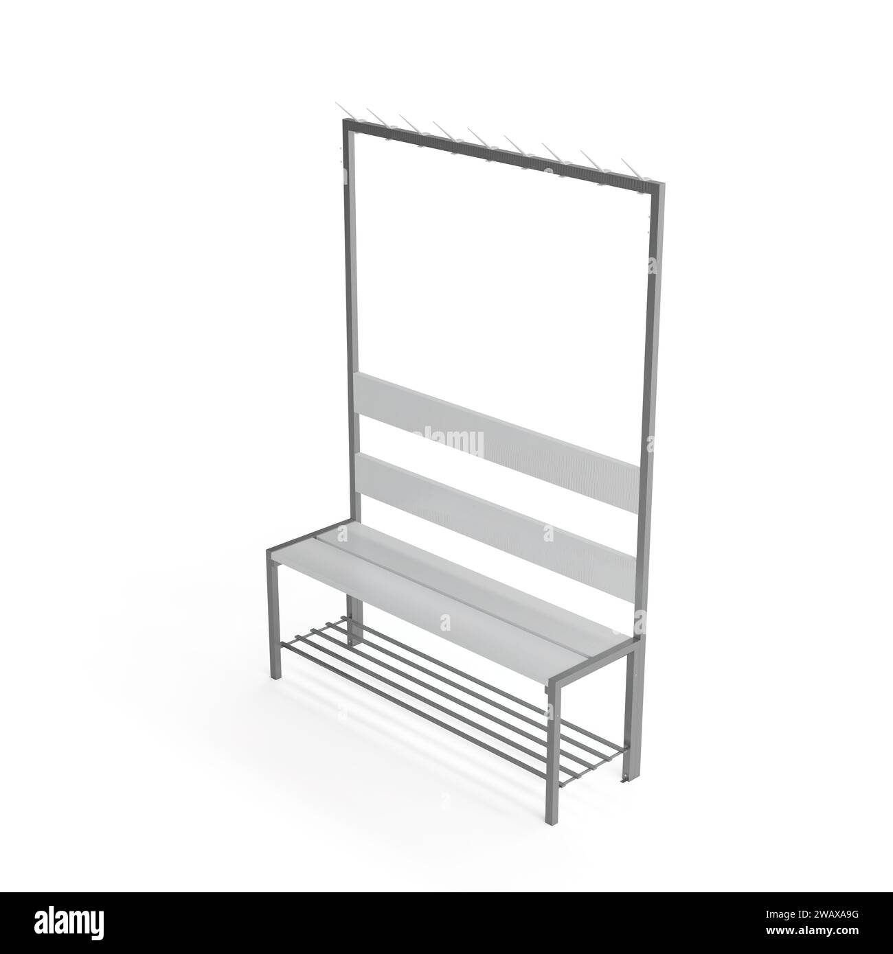 A 3D rendering of a metallic bench with hangers on a white background ...