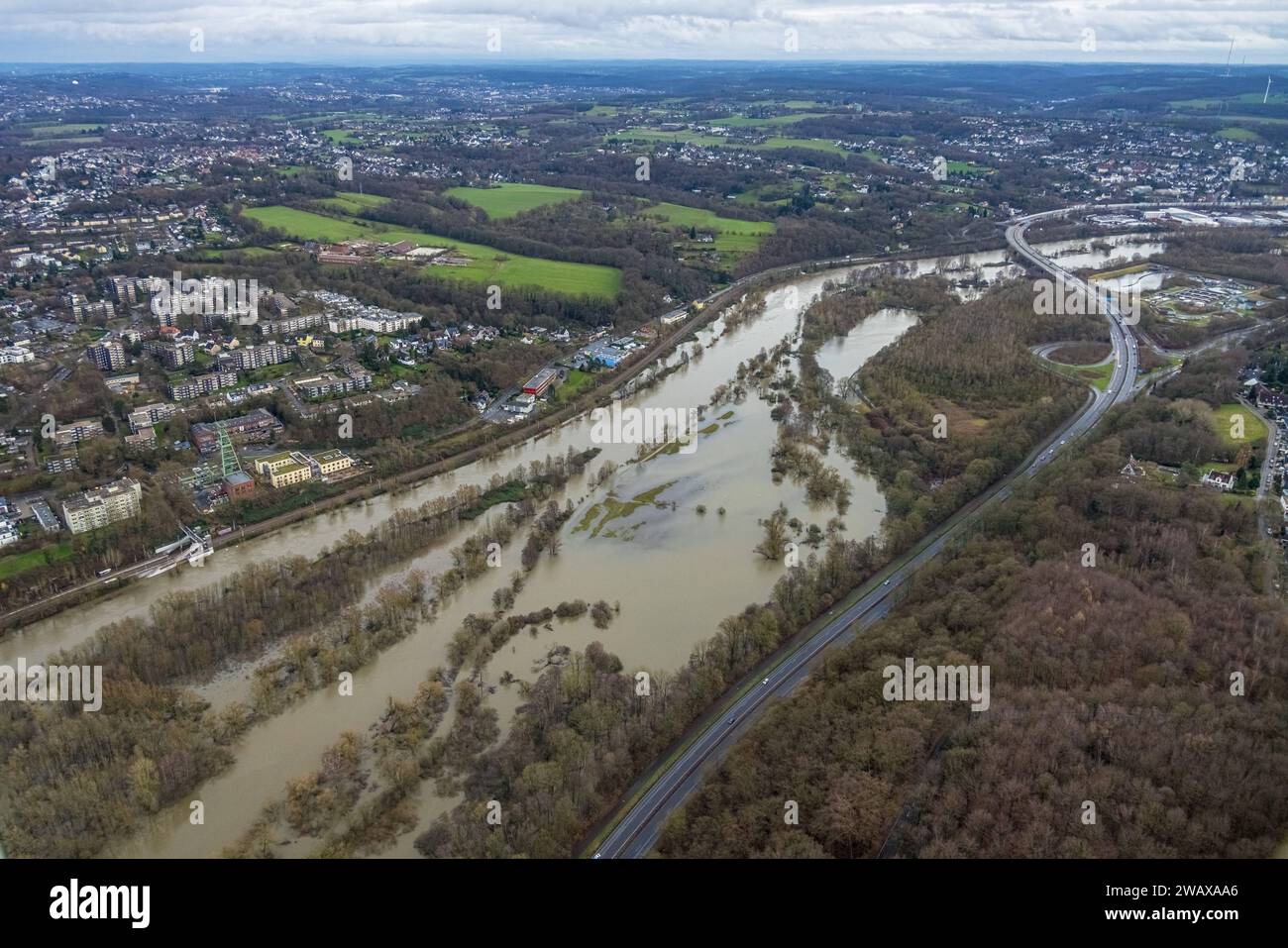 Luftbild, Ruhrhochwasser, Weihnachtshochwasser 2023, Fluss Ruhr tritt ...