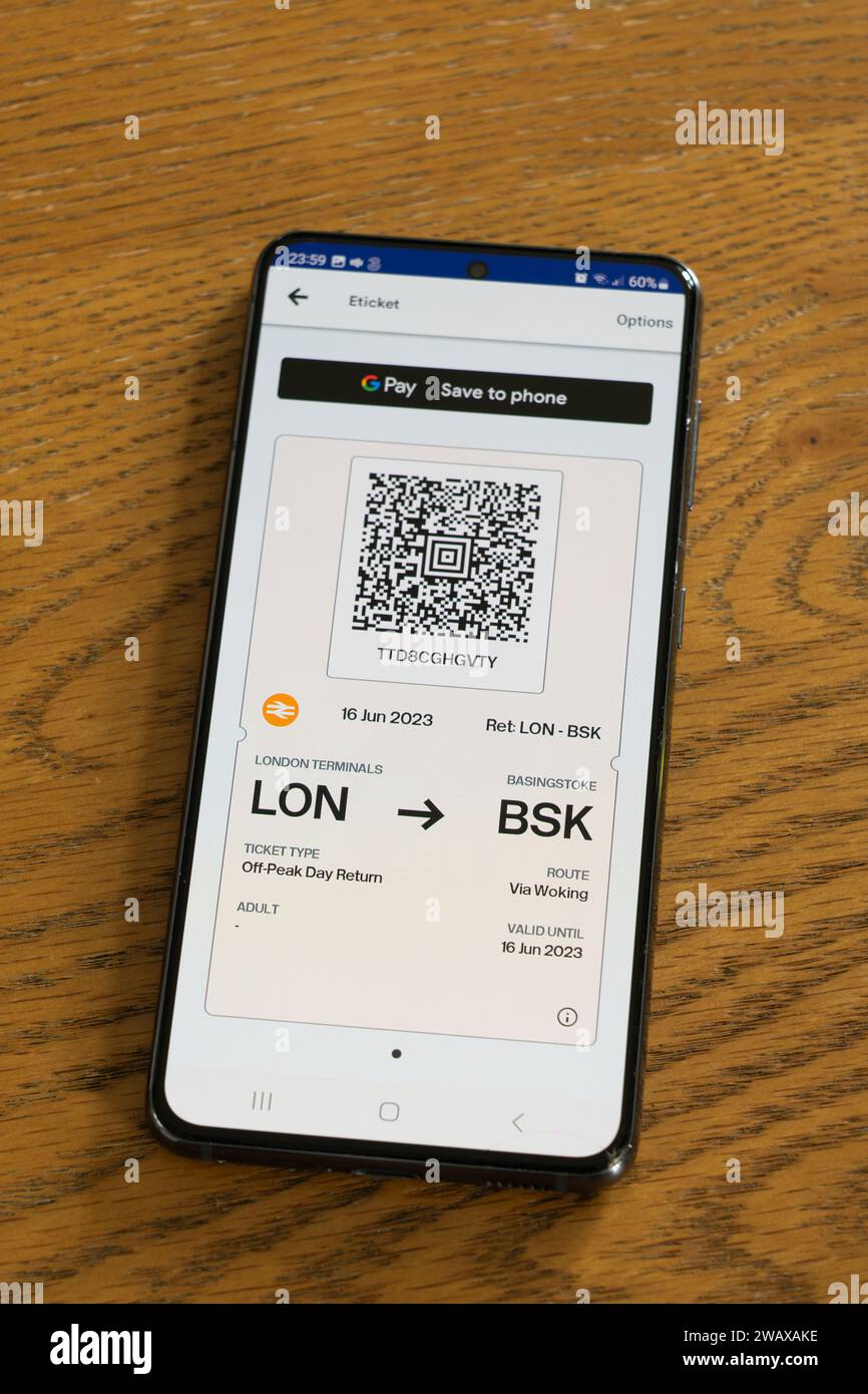 An e ticket with a QR code for train travel from London to Basingstoke ...