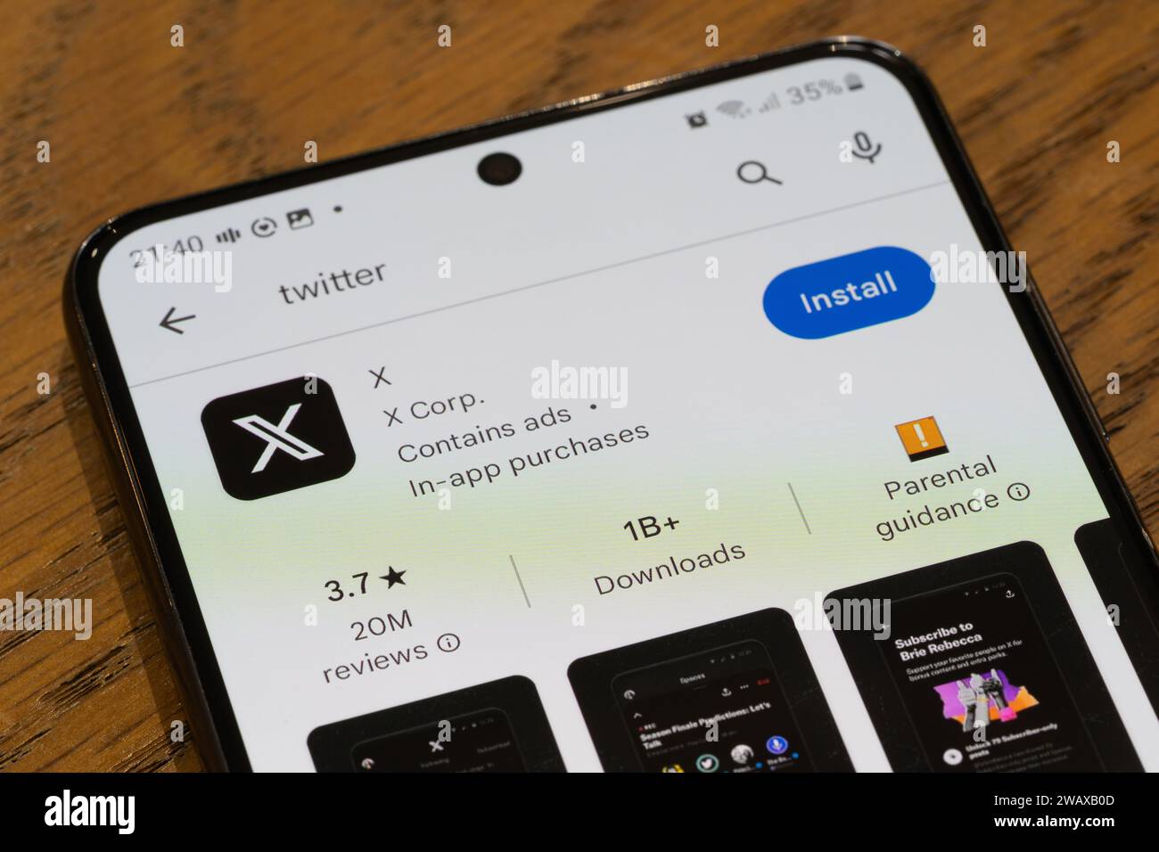 The X App (formerly twitter) installation page on a smartphone screen ...