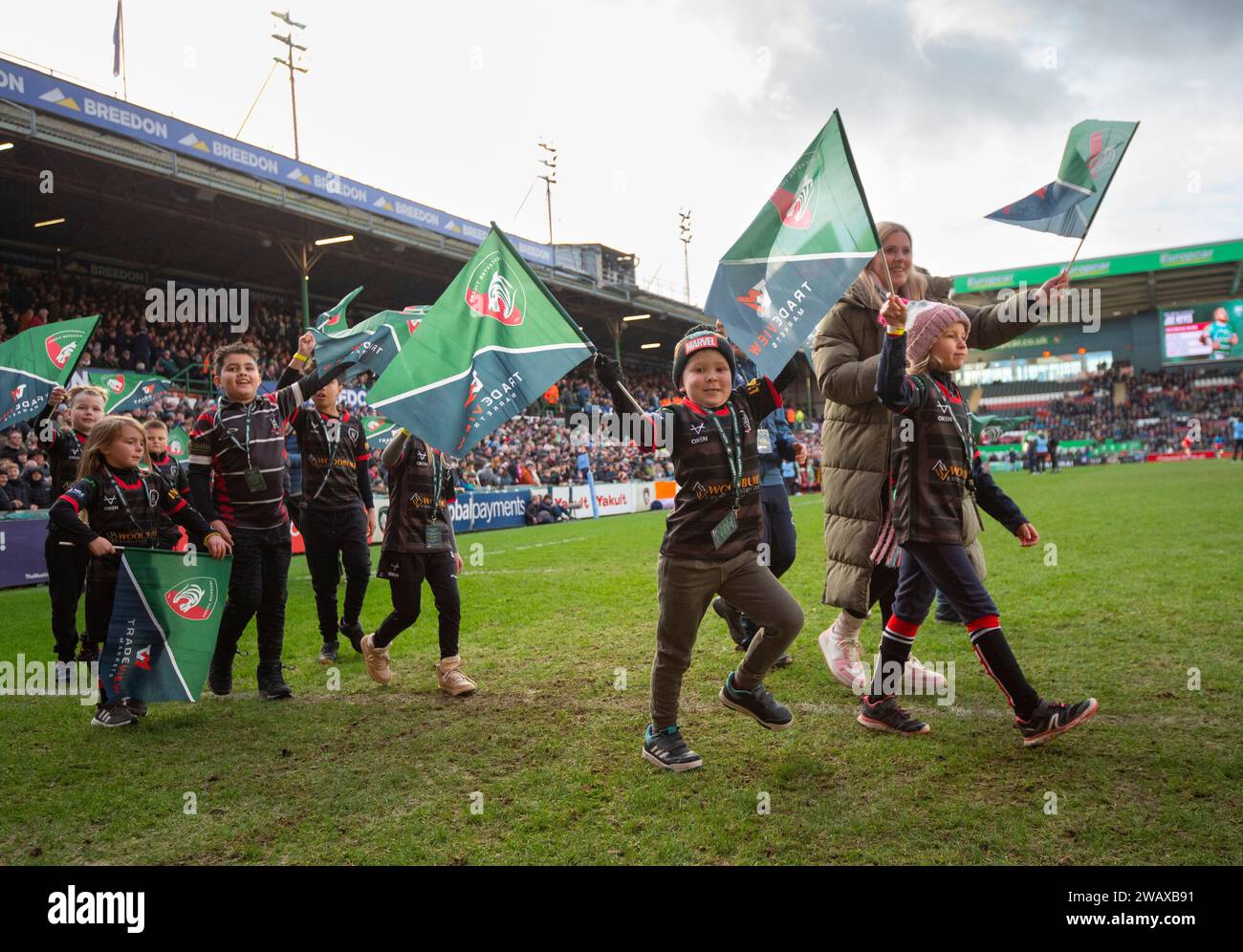 Leicester Tigers mascots introduced to the fans during Leicester Tigers ...