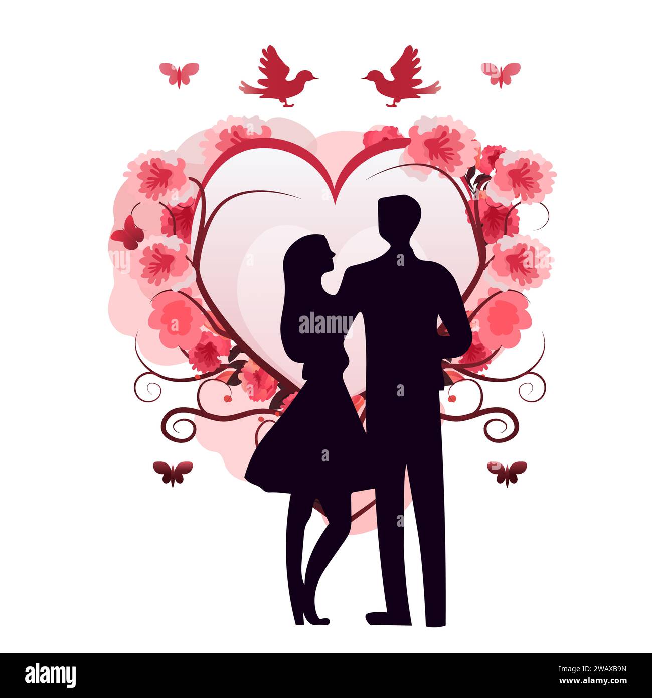 man woman silhouettes standing near flowers in heart shape happy ...