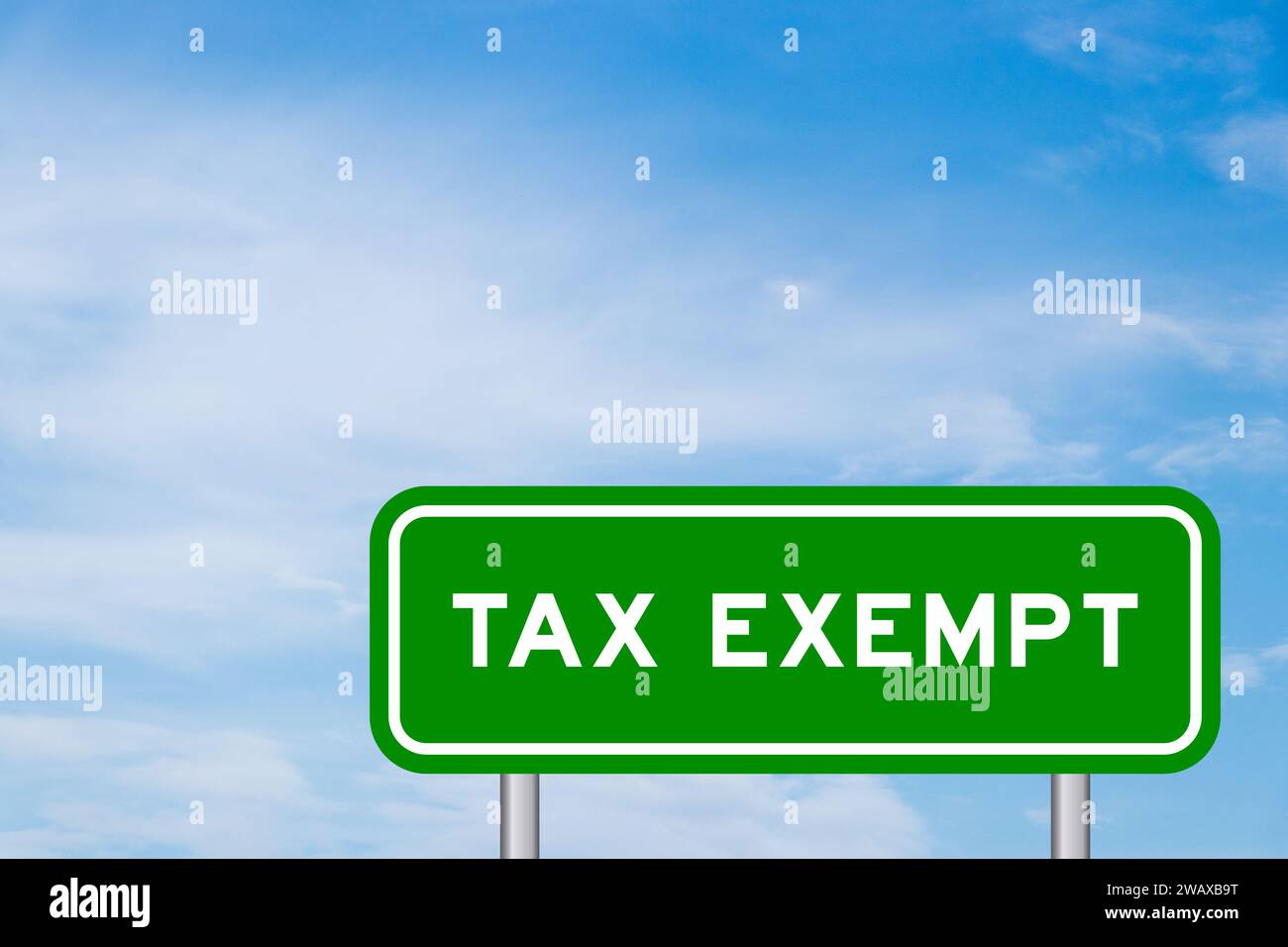 Green color transportation sign with word tax exempt on blue sky with ...