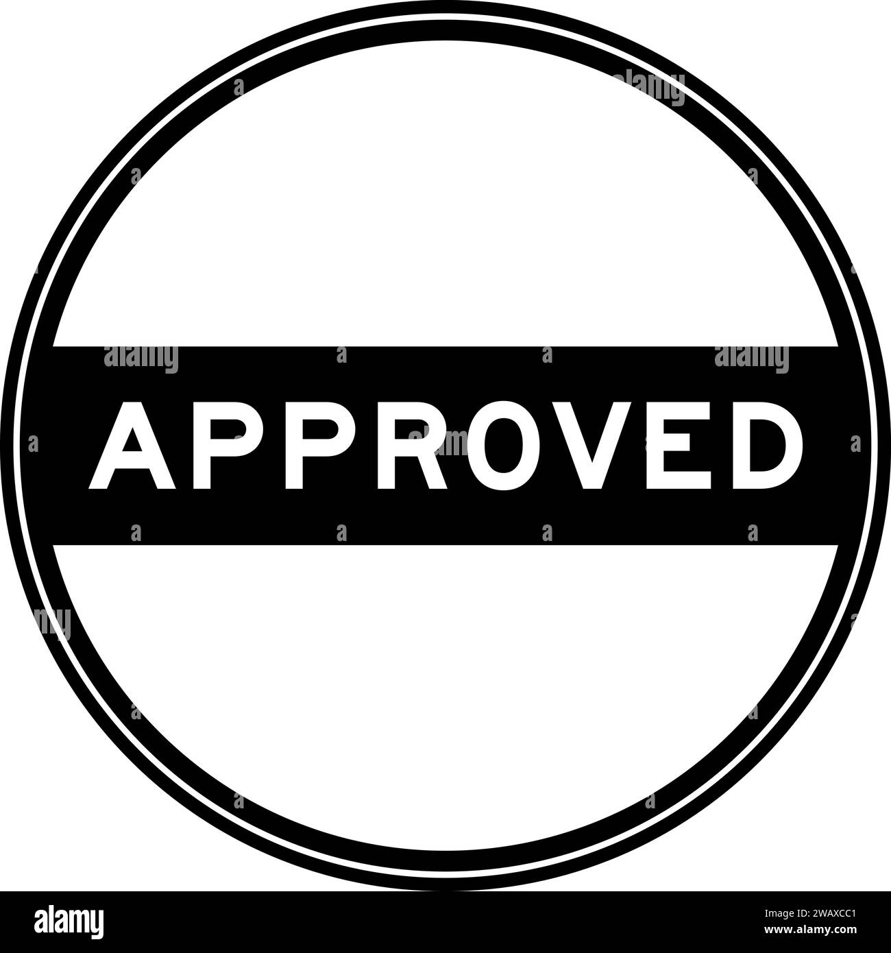 Black color round seal sticker in word approved on white background ...