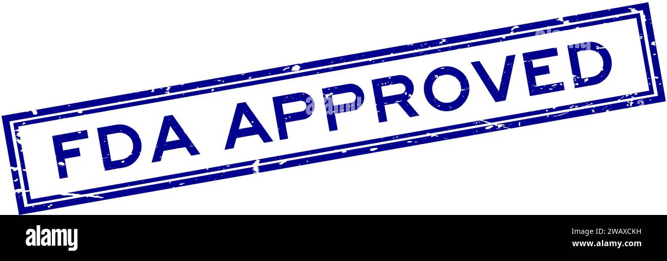 Grunge blue FDA approved word square rubber stamp in white background ...