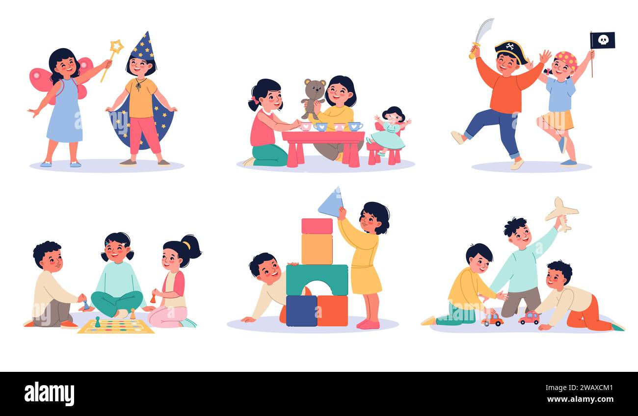 Children playing. Cartoon happy kids with different toys, group ...