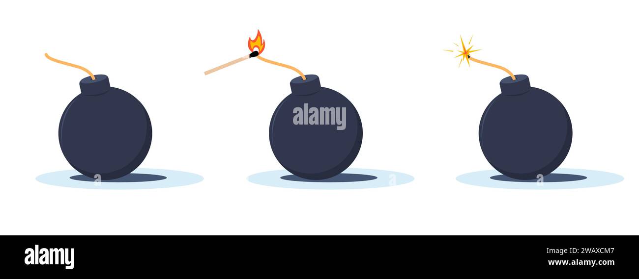 Bombs with burning wick and match with fire. Round black military ...