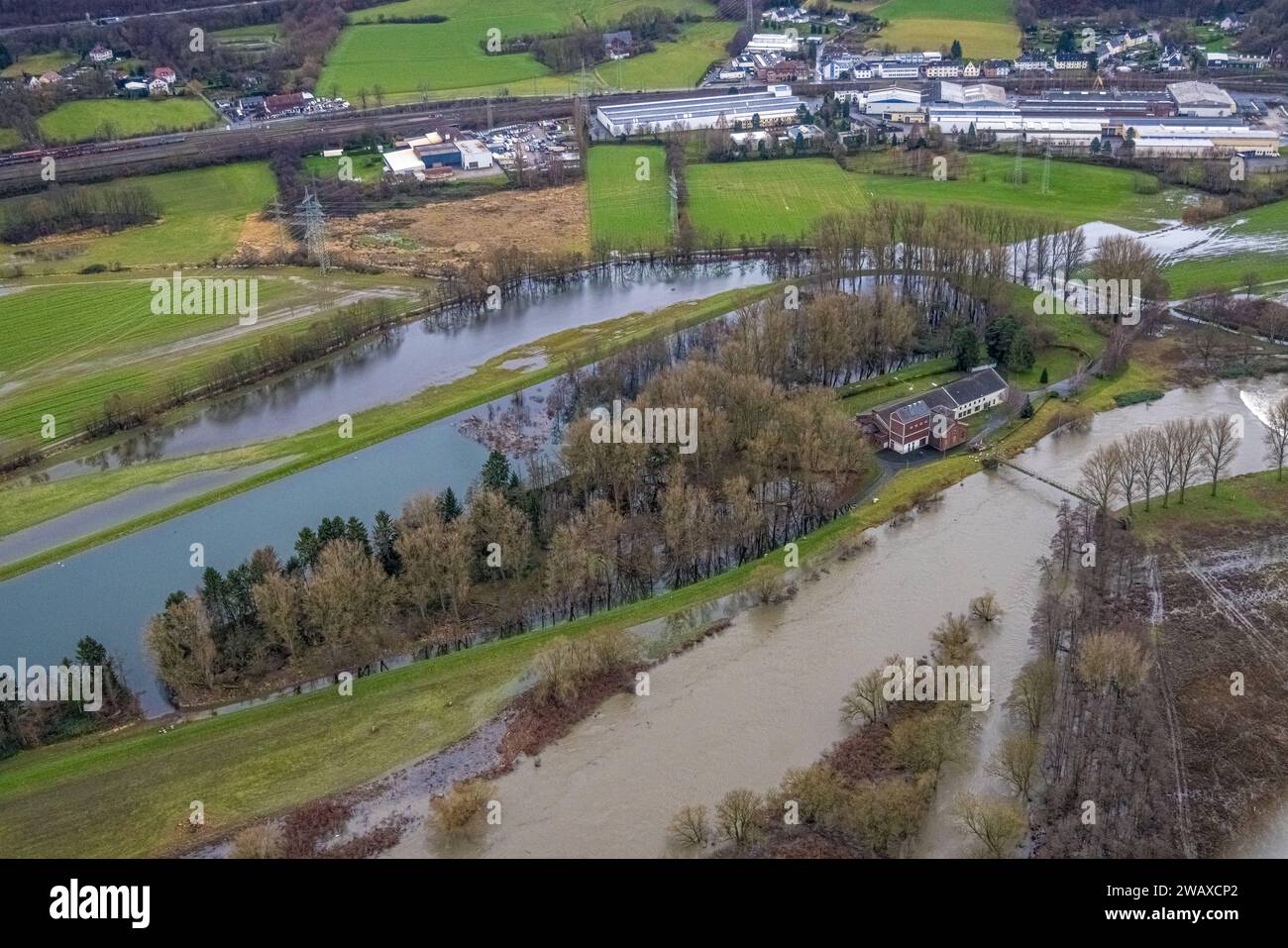 Luftbild, Ruhrhochwasser, Weihnachtshochwasser 2023, Fluss Ruhr tritt ...