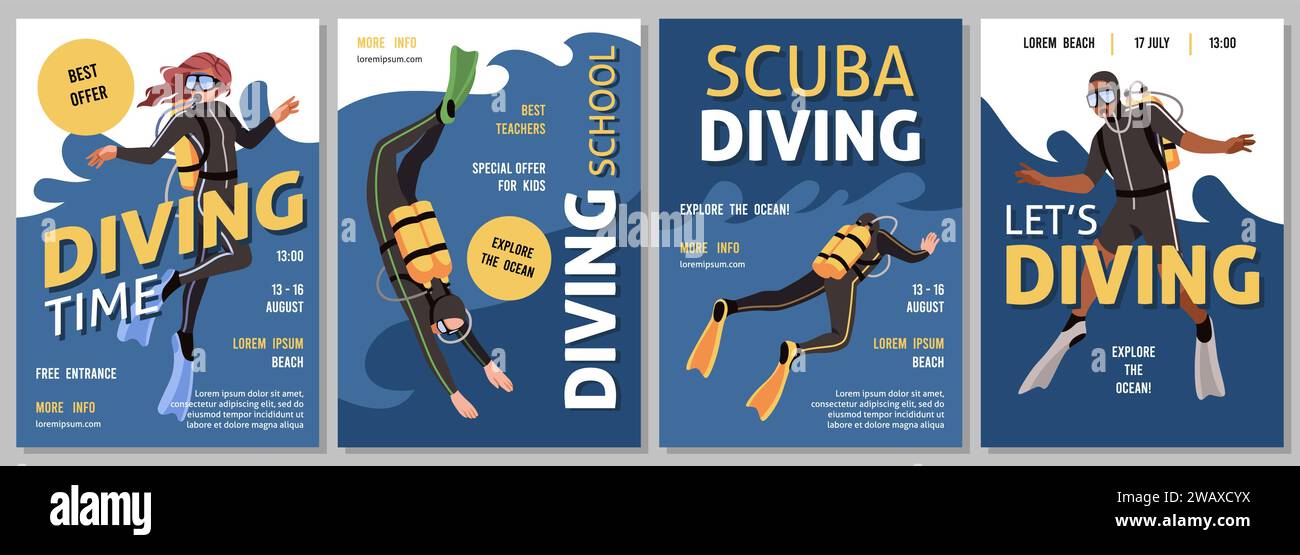 Divers cards. Cartoon men and women in scuba gear, deep sea explorers ...