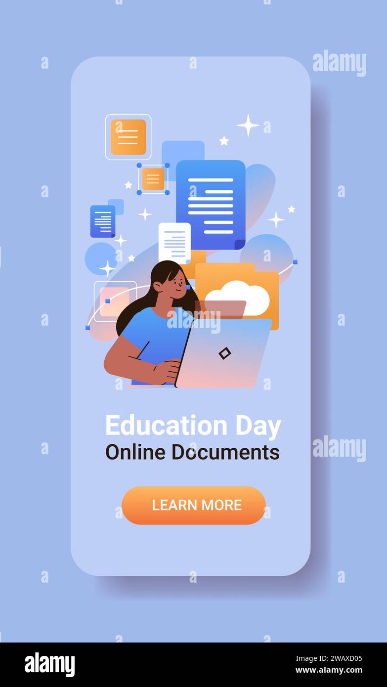 african american girl student sending documents online education day ...