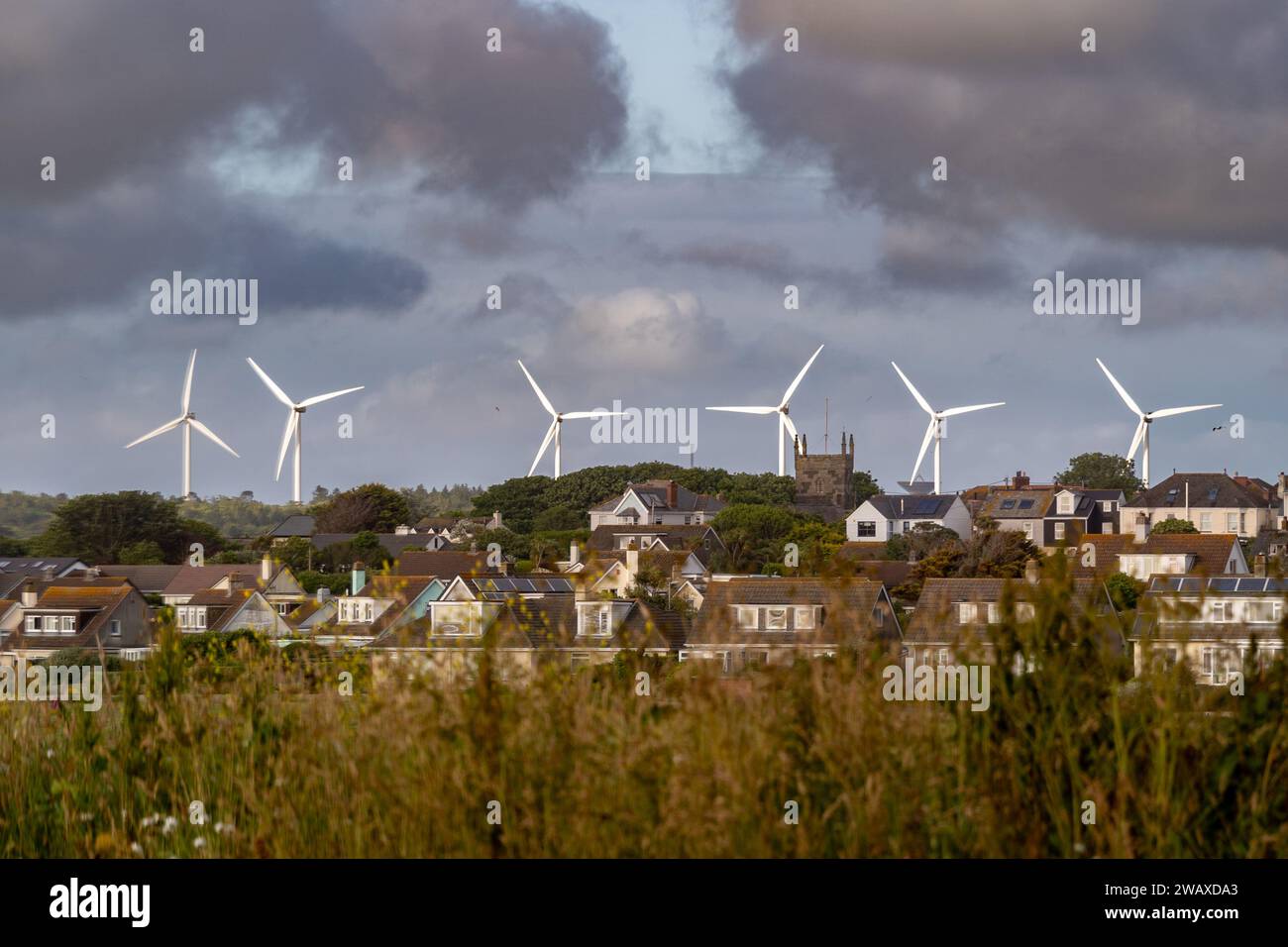 Modern inland wind turbines (windfarm) in Cornwall, England generating ...