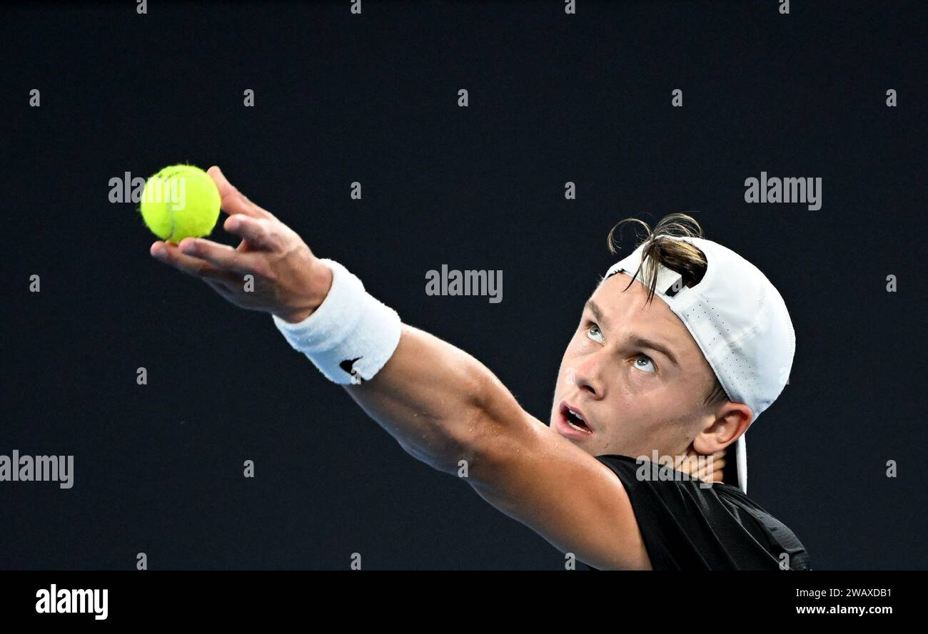 Brisbane, Australia. 07th Jan, 2024. Holger Rune of Denmark in action against Grigor Dimitrov of ...