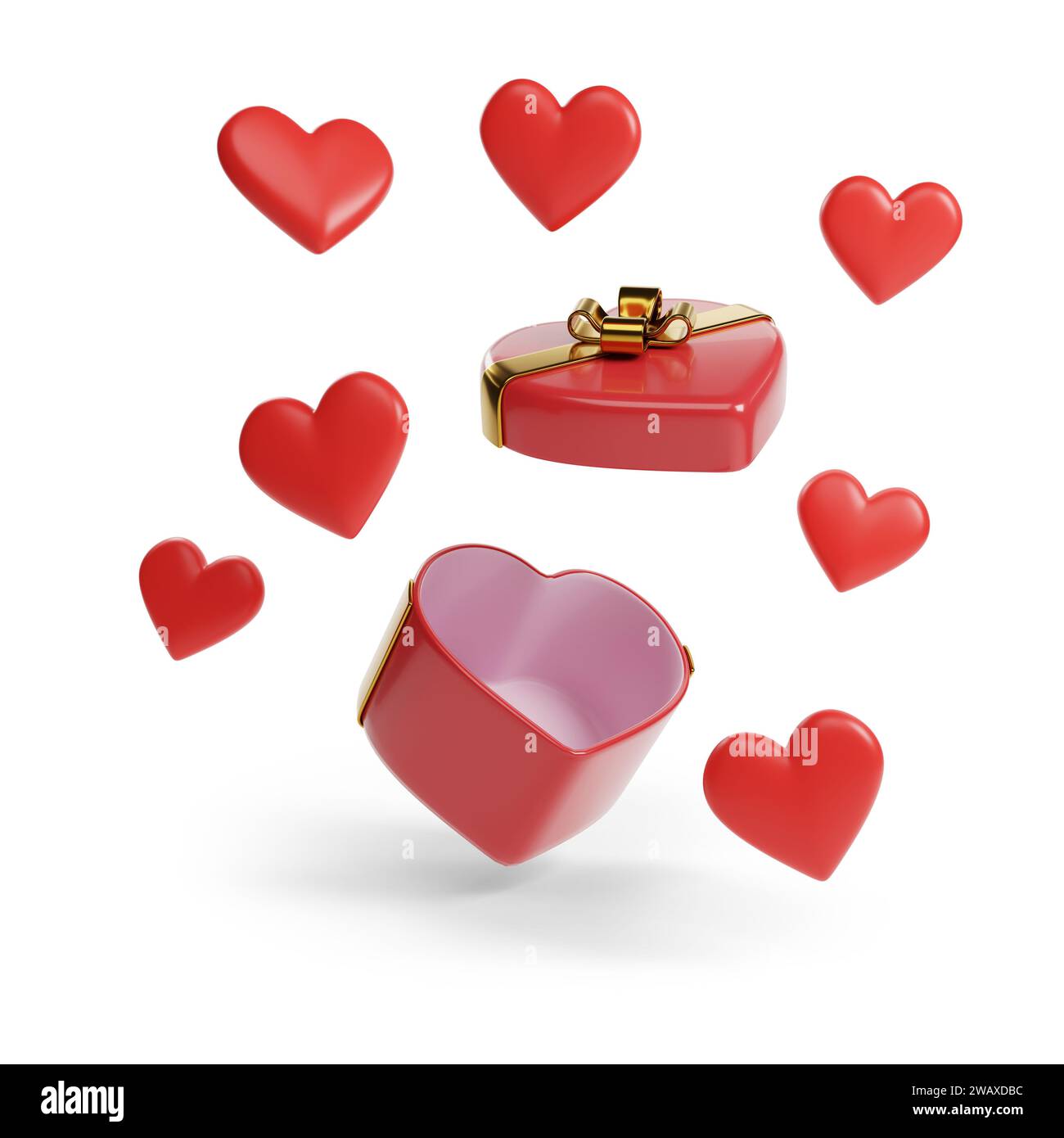 Open heart-shaped gift box with red hearts isolated on white background ...