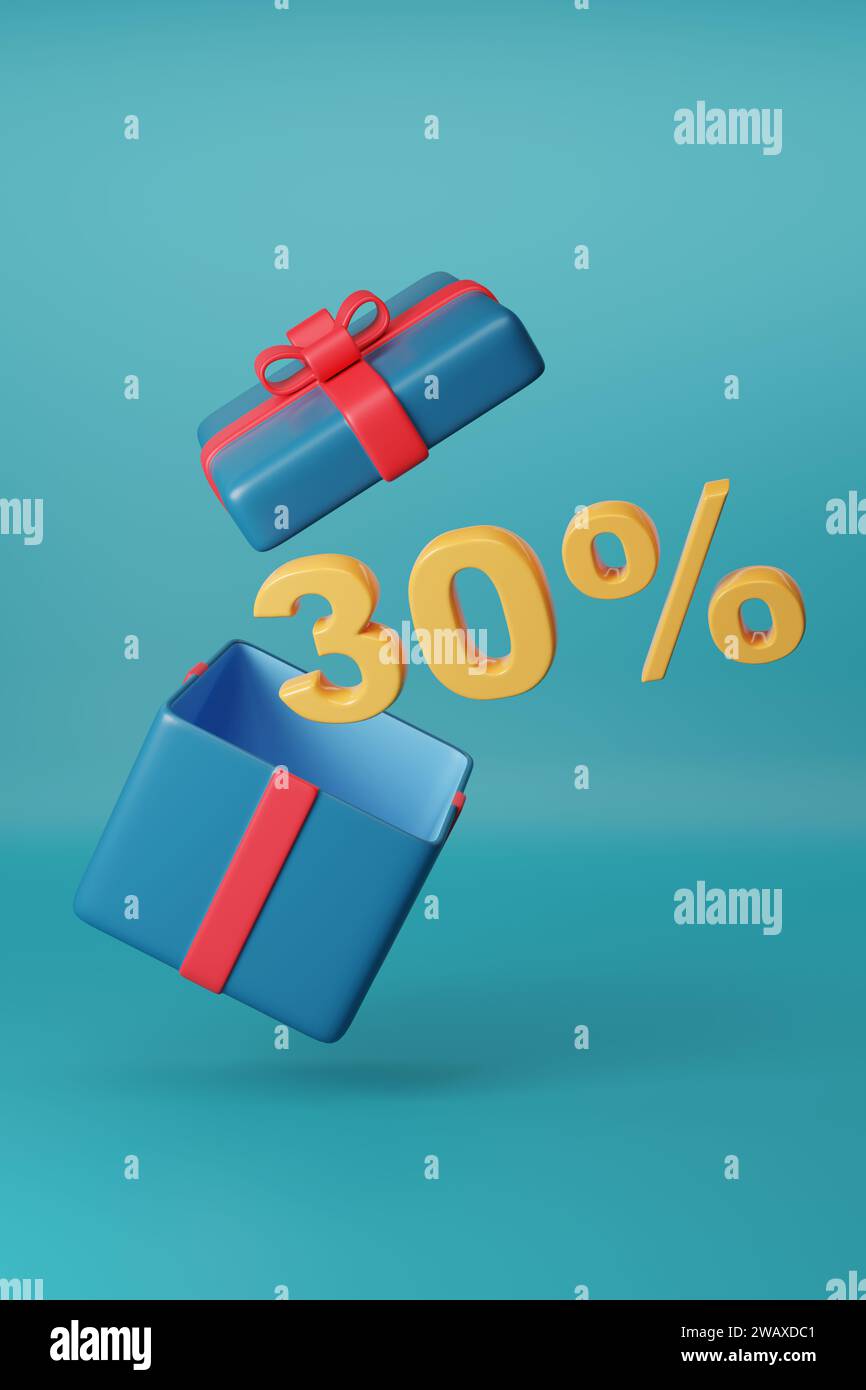30 % solid text coming out of a gift box on blue background. 3d ...