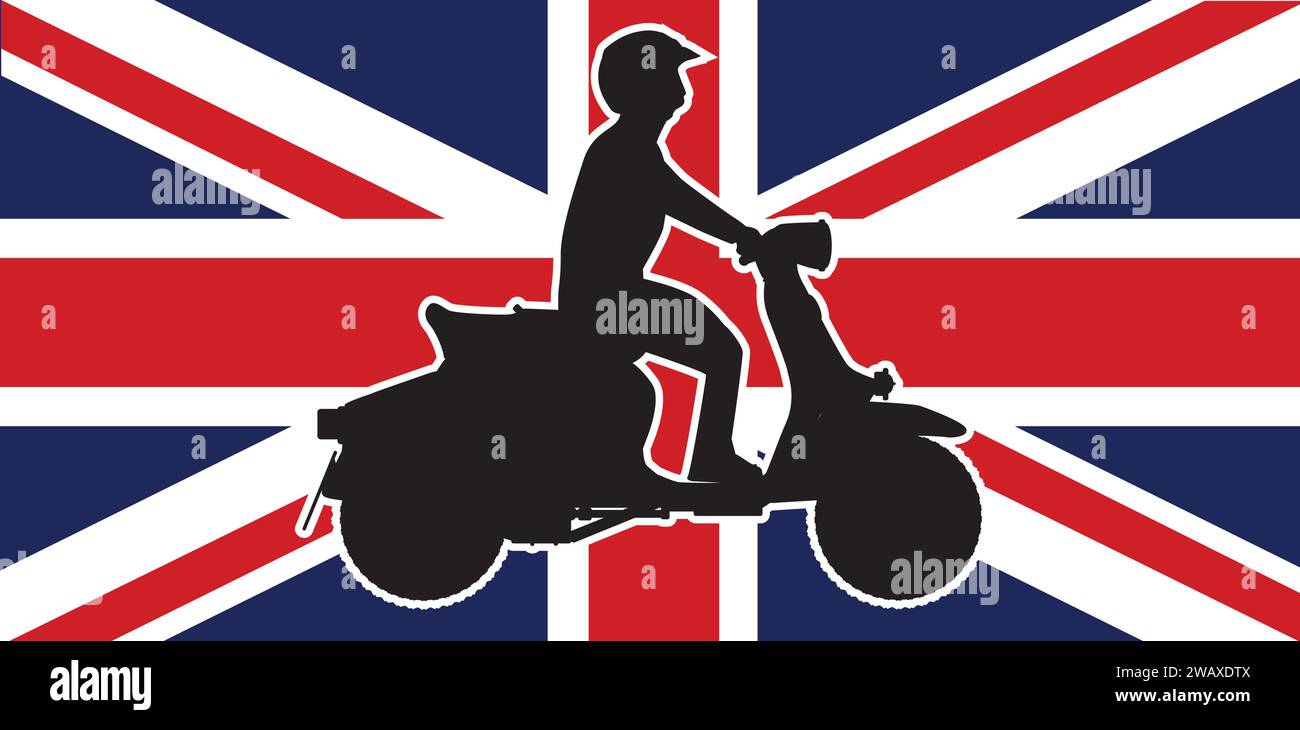 A typical 1960 style motor scooter with silhouette rider over a United ...