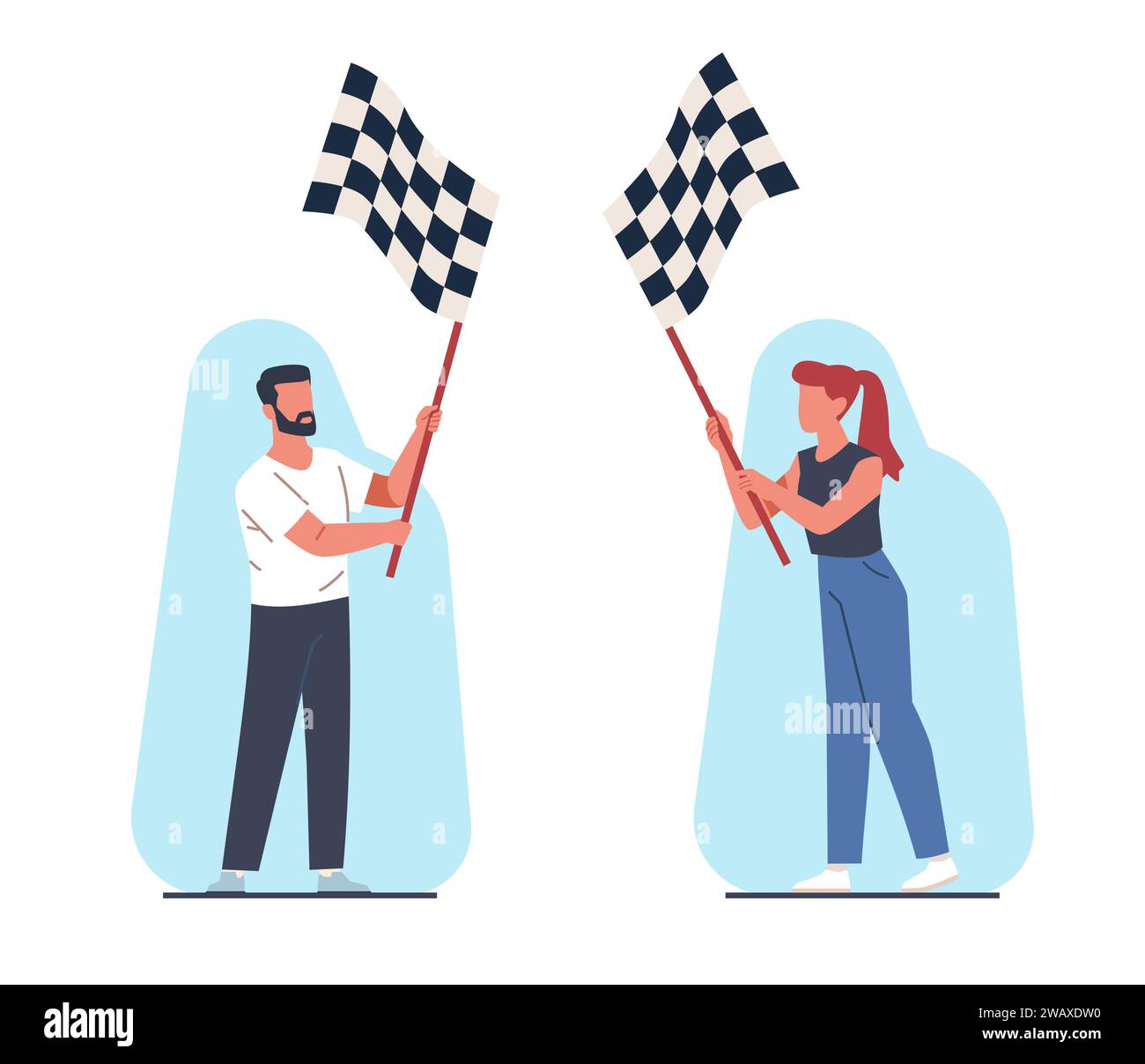 Man and woman stand and wave checkered flag in celebration of victory. Car race start and finish ...