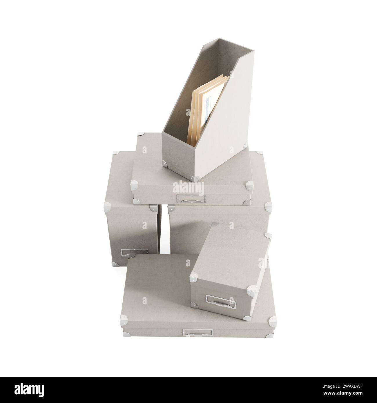 A 3D rendering of cardboard boxes for papers on a white background ...
