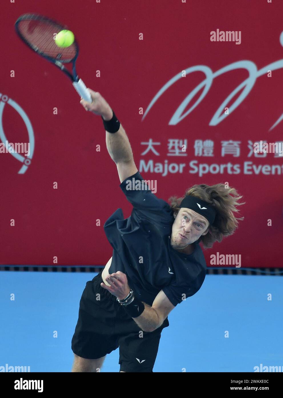 Hong Kong, South China. 7th Jan, 2024. Andrey Rublev serves during the men's singles final ...