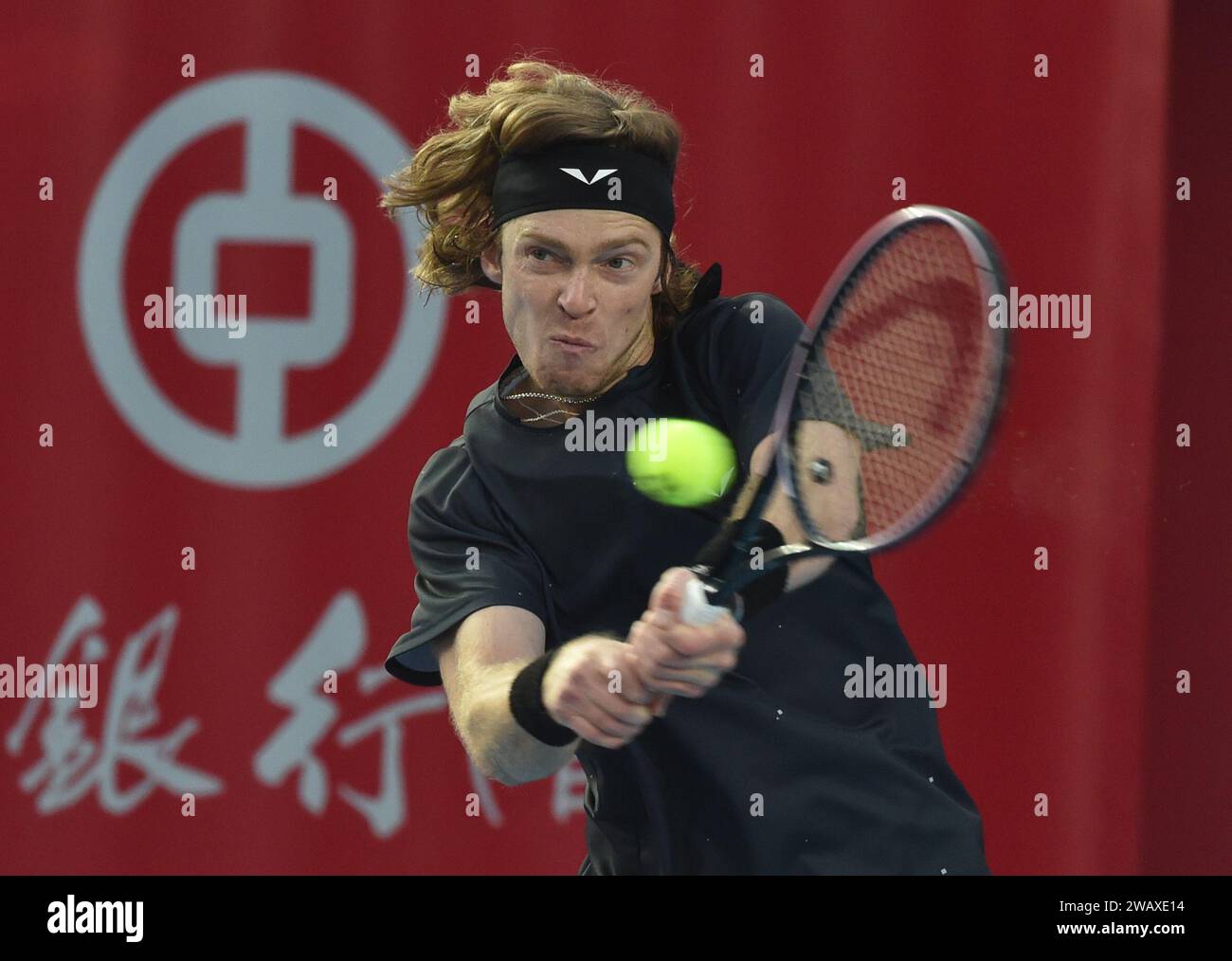 Hong Kong, South China. 7th Jan, 2024. Andrey Rublev hits a return ...