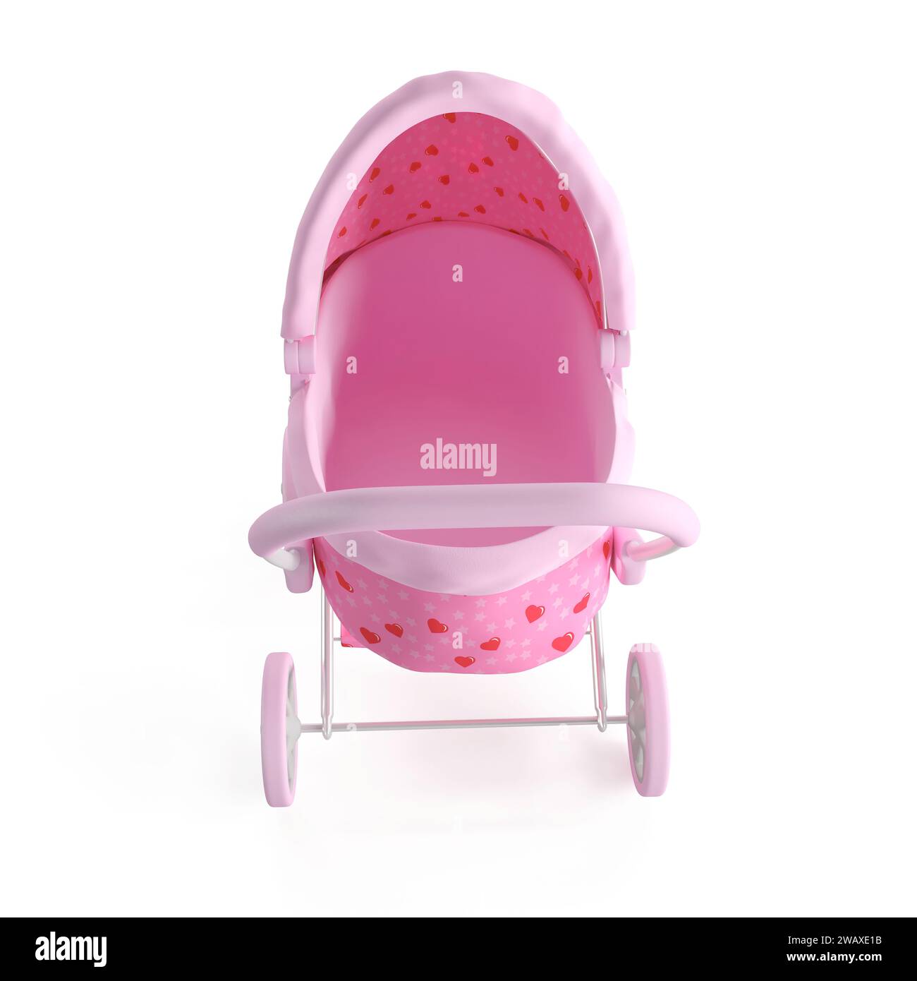 A 3D rendering of a pink baby stroller on a white background Stock ...