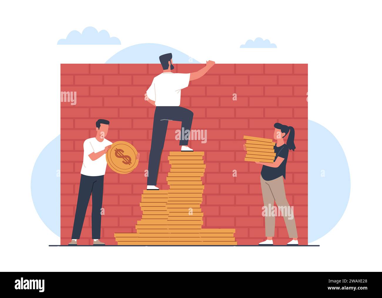 Team helps leader climb stacks of money over wall for visioning ...