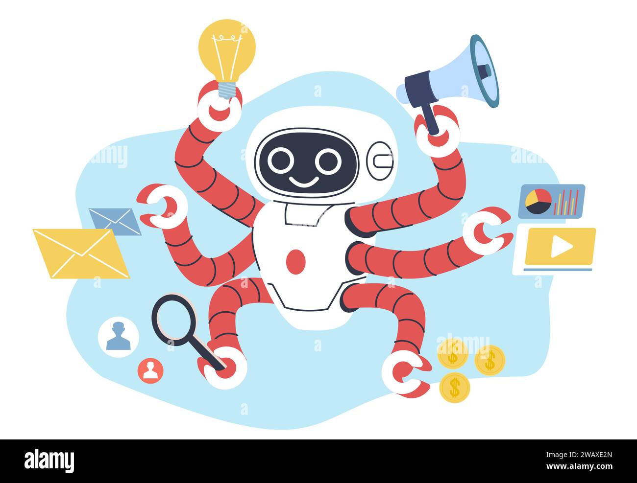 Multitasking robot. artificial intelligence machine with many hands hold letter, megaphone and ...