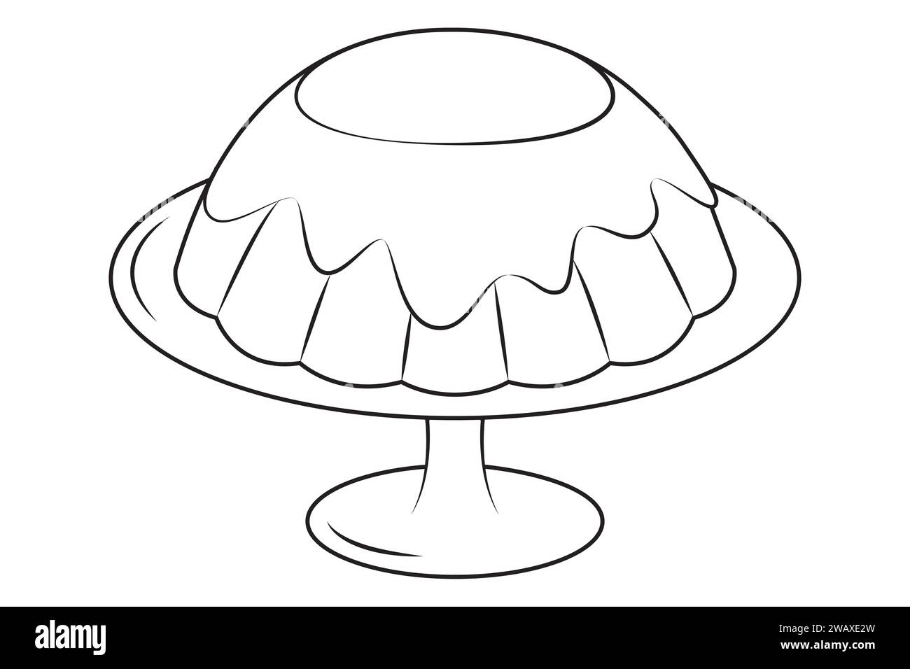 Pudding with cream in plate. Black and white. Cartoon sweet food ...