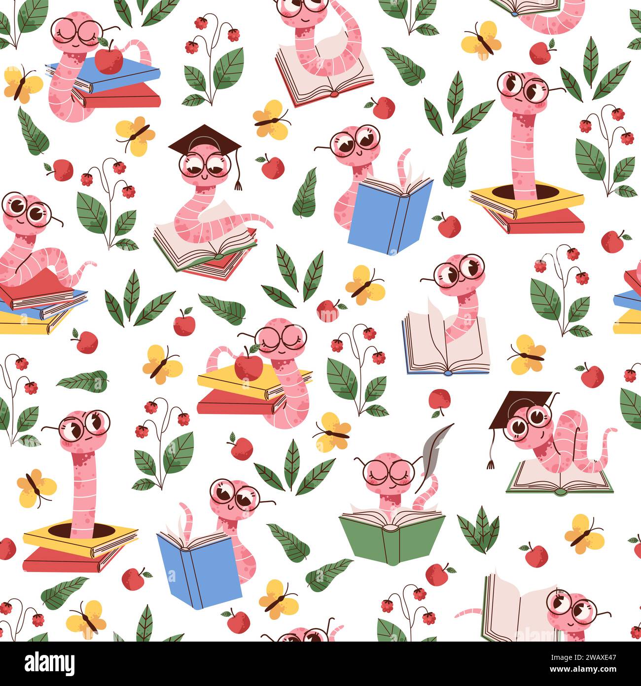 Seamless pattern with scientist worm wearing glasses with books. Decor ...