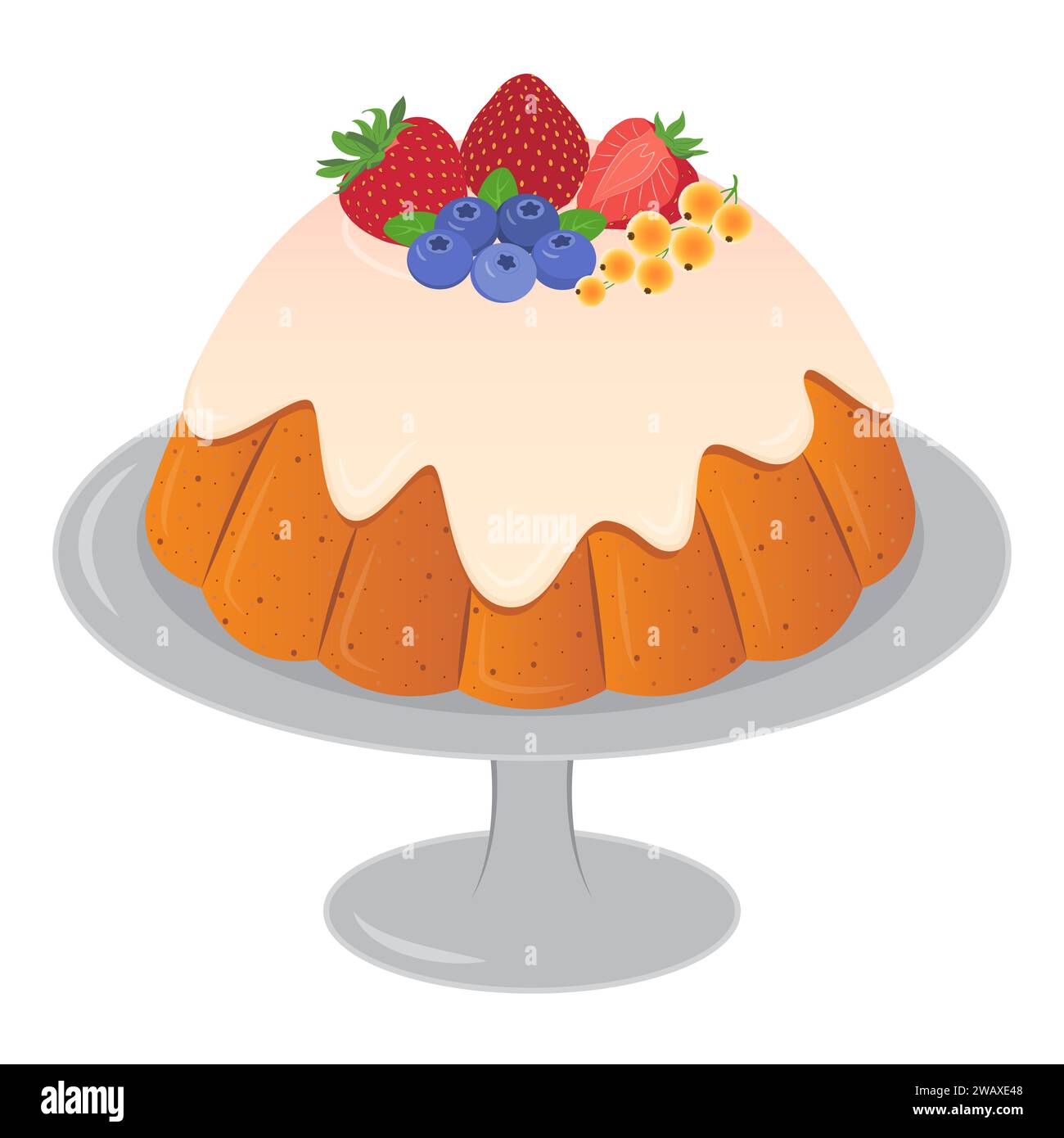Pudding with cream and fruits in plate. Cartoon sweet food element ...